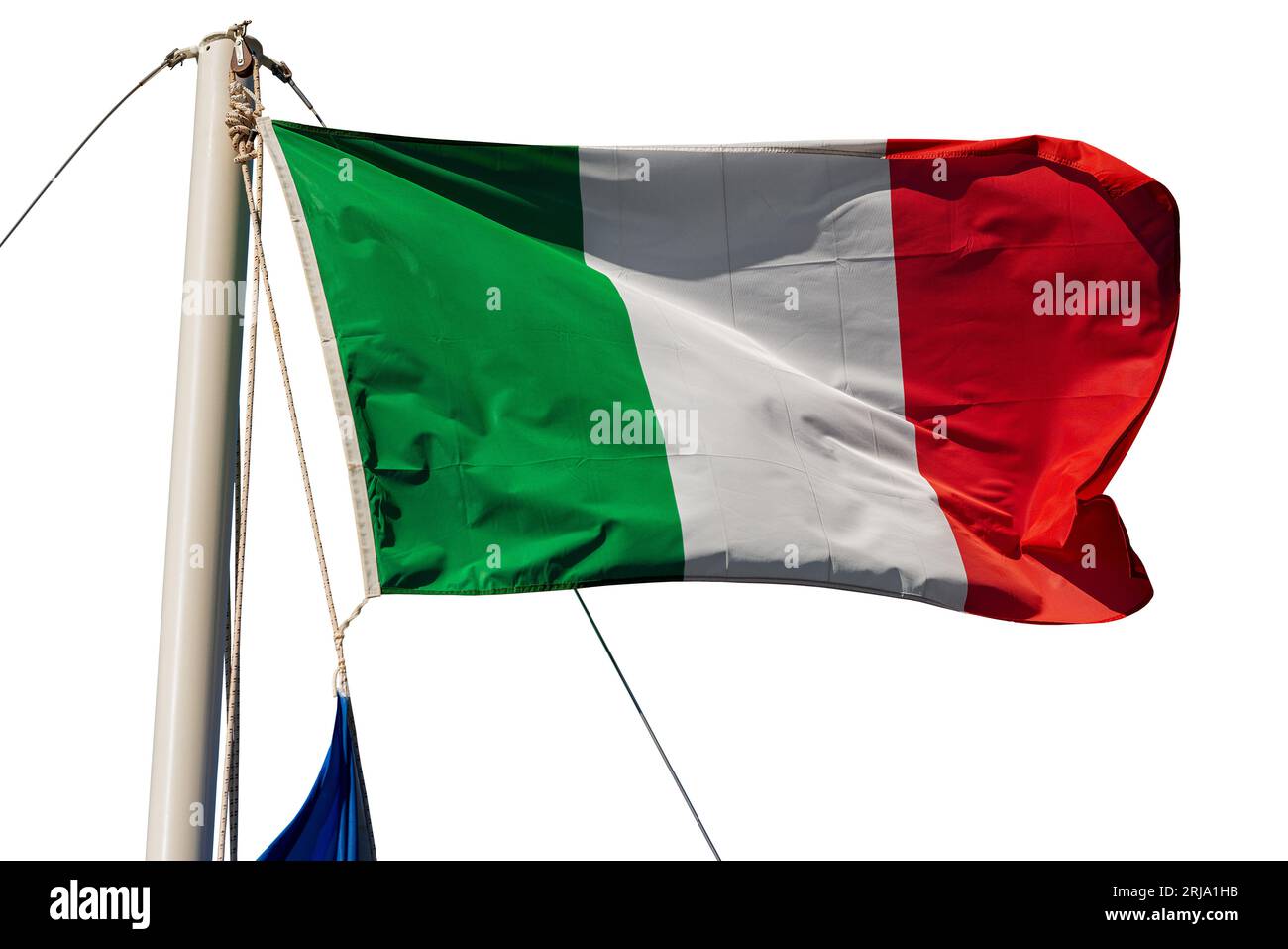 Closeup of a mast of a sailing boat with a national Italian flag ...