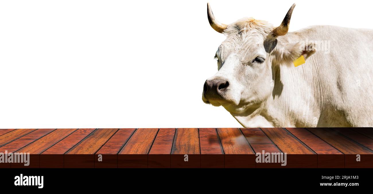 Closeup of an empty wooden table (for products display) and a white ...