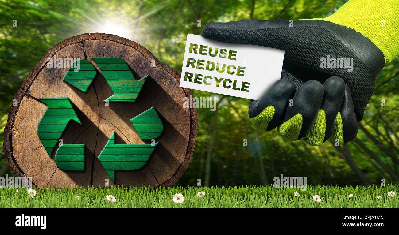 Manual worker with work gloves holding a business card with text Reuse ...