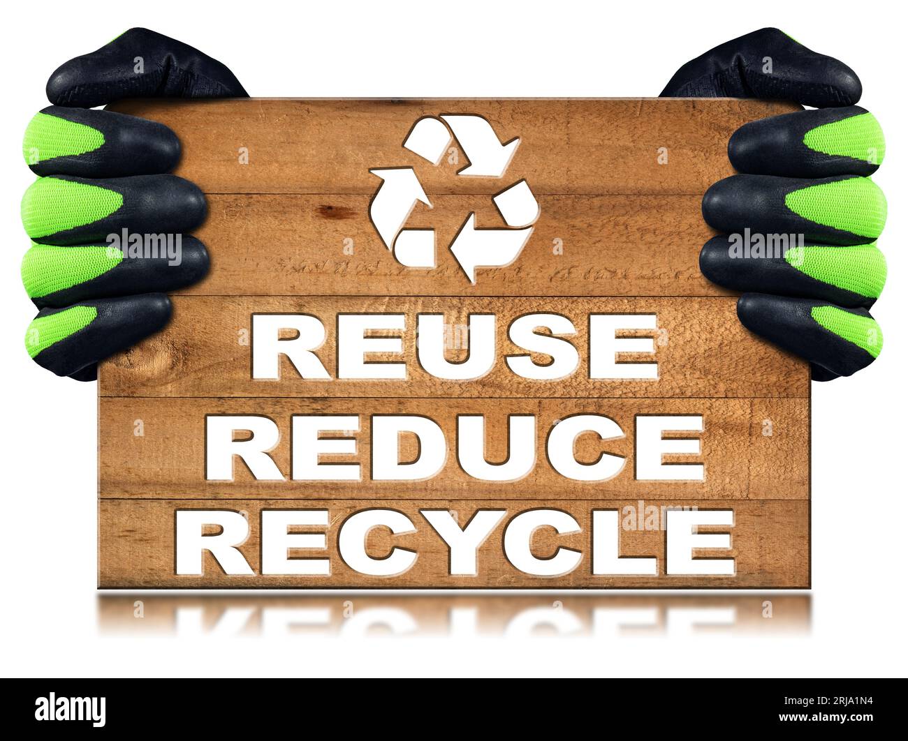 Carpenter with protective work gloves holding a wooden plank with text Reuse, Reduce and Recycle ...