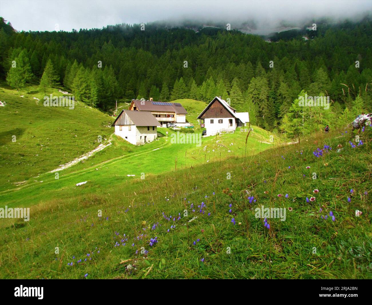 Mountain hut at Lipanca above Pokljuka in Julian alps, Slovenia lit by ...