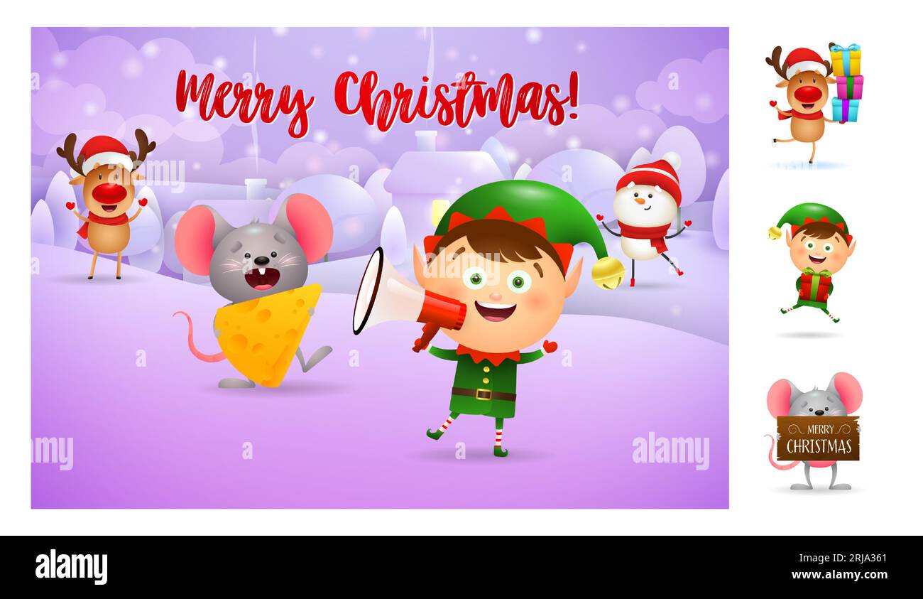 Merry Christmas postcard with cartoon characters and text Stock Vector ...