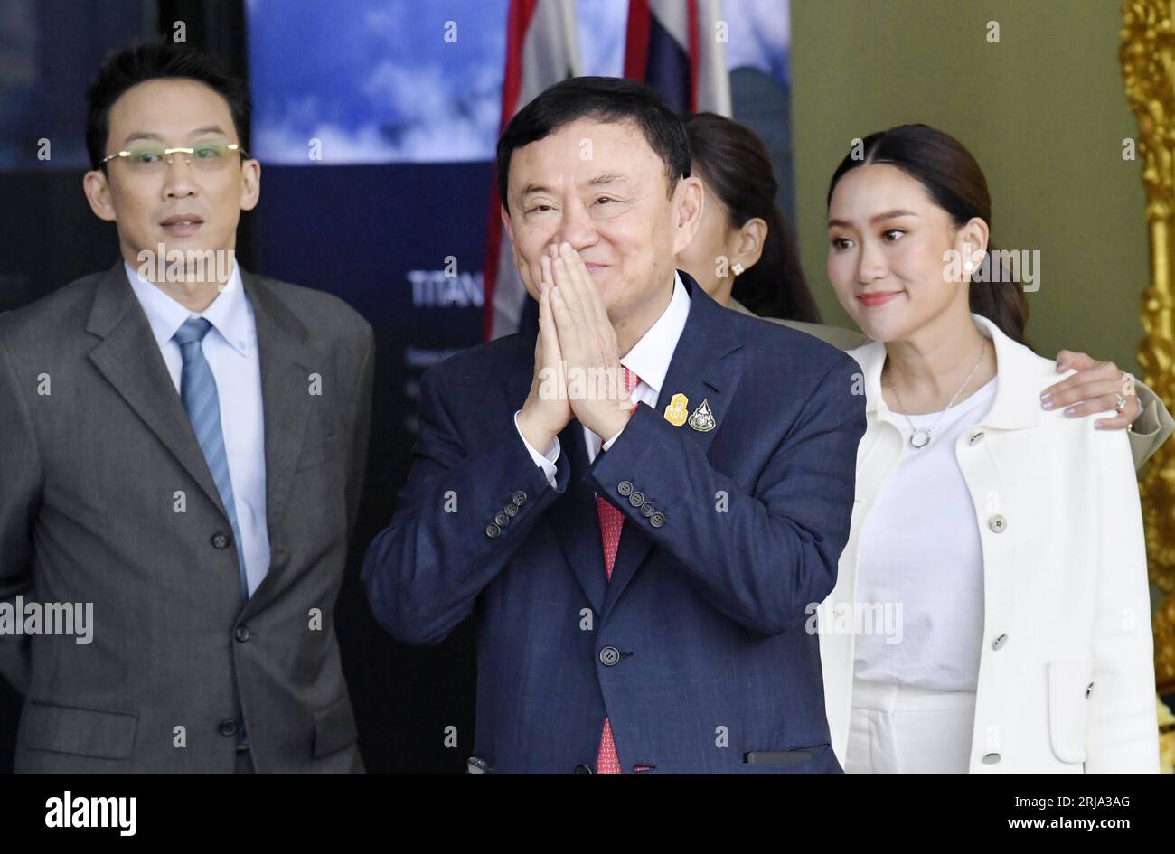 Bangkok, Thailand. 22nd Aug, 2023. Former Thai Prime Minister Thaksin Shinawatra arrives at Don ...