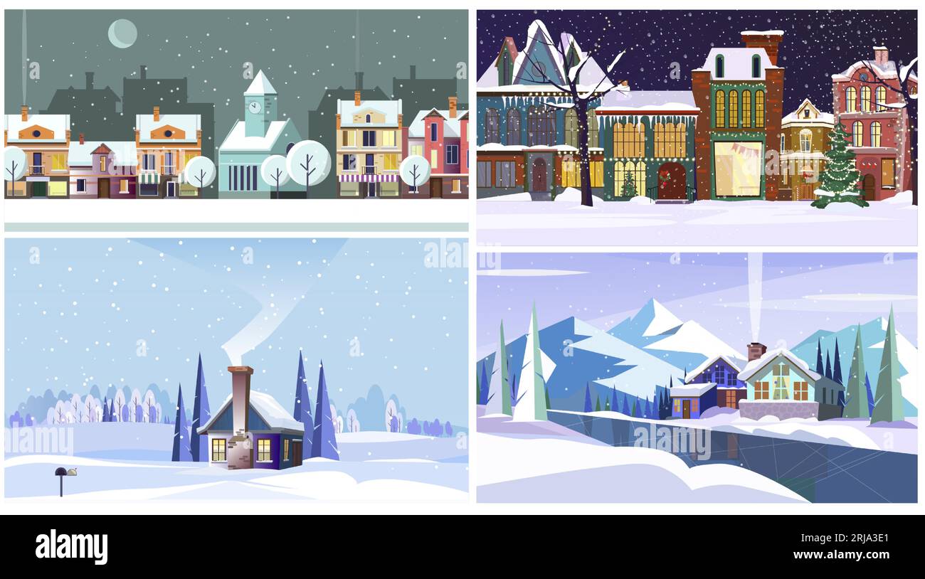 Winter city and country flat vector illustration set Stock Vector Image ...
