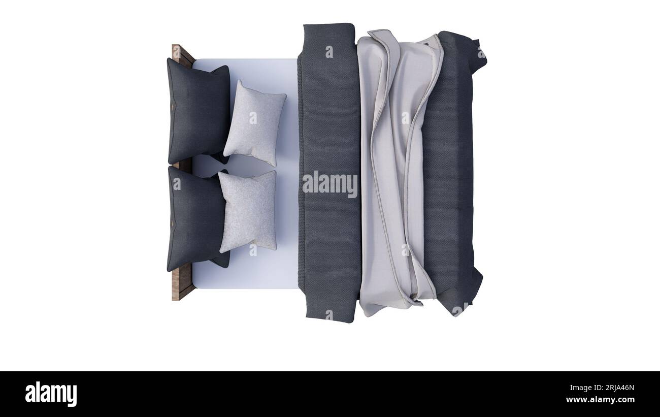 top view mockup black and white bed with pillows in blank white ...