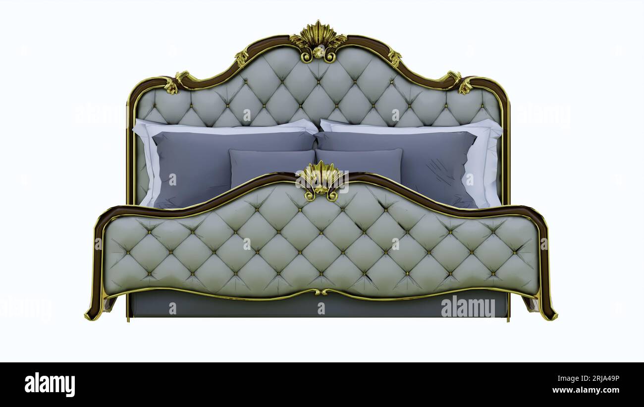 blank cream bed with pillows mockup, front view, white background with ...