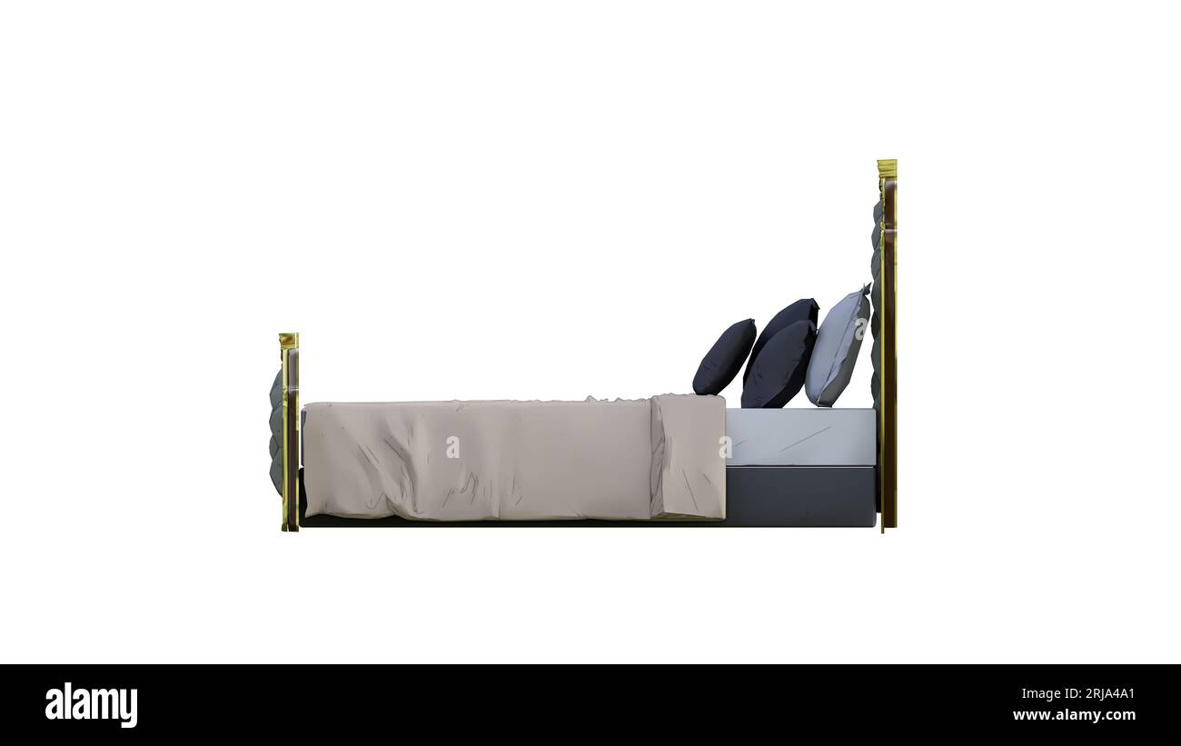 blank cream bed with pillows mockup, side view, white background with classic modern style and ...