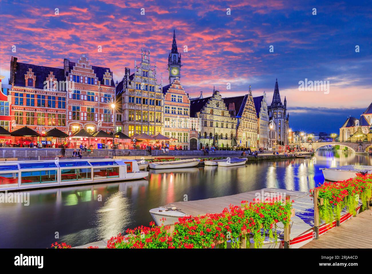 Ghent (Gent), Belgium. Graslei quay and Leie river at twilight Stock ...