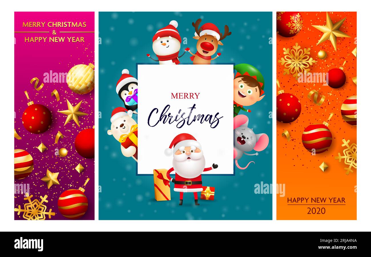 Christmas and New Year postcard set with cartoon characters Stock ...