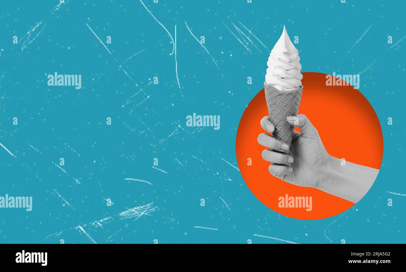 Contemporary Digital Collage Art Hand Holding Ice Cream Retro Style