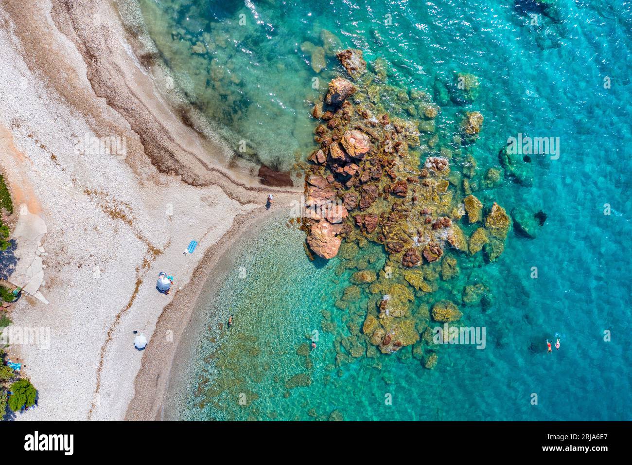 White church in Potami beach with azure sea water, Samos island, Greece ...