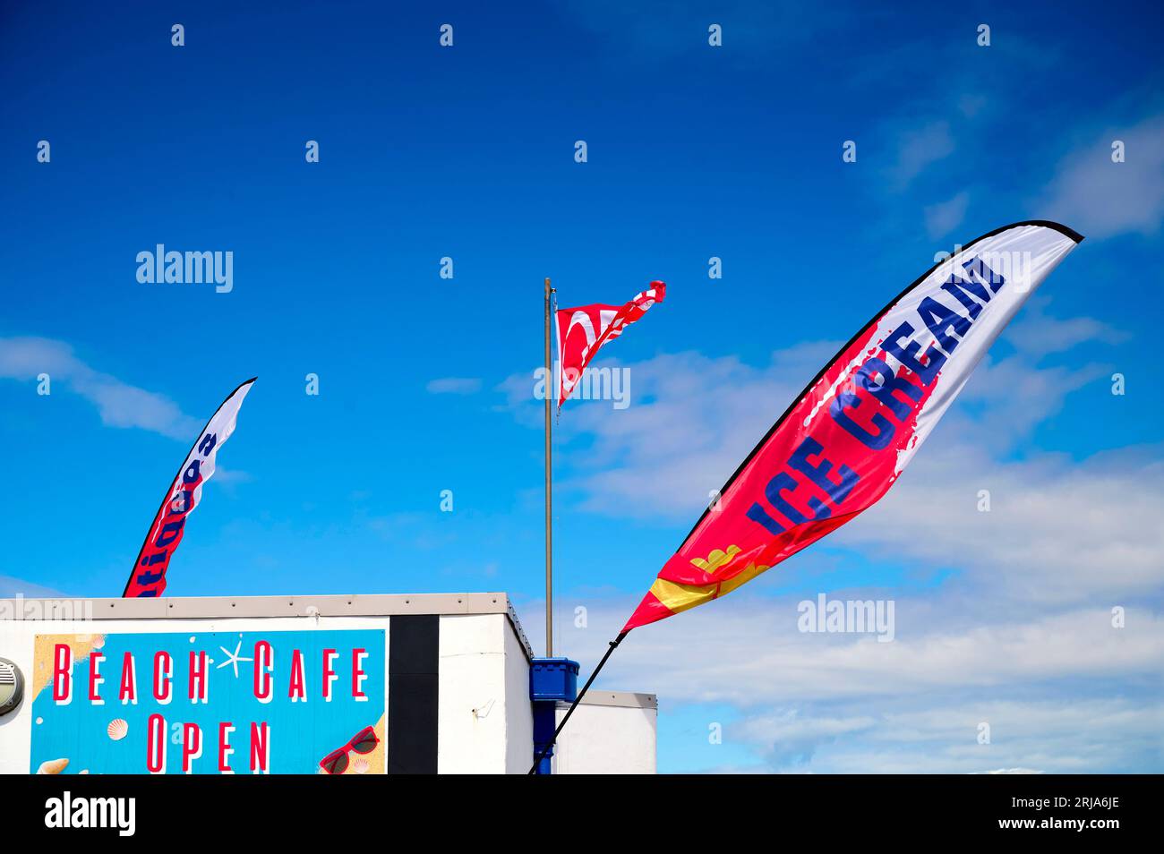 Flags and banners blowing in the breeze above the Beach cafe,Fleetwood ...