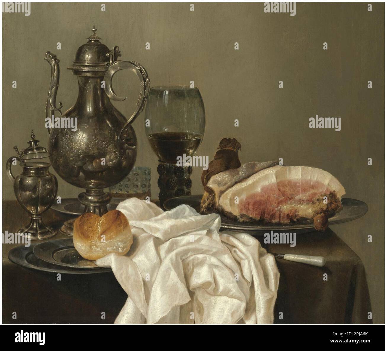 Still life with tazza, silver pot, roemer, glass of beer, four pewter ...