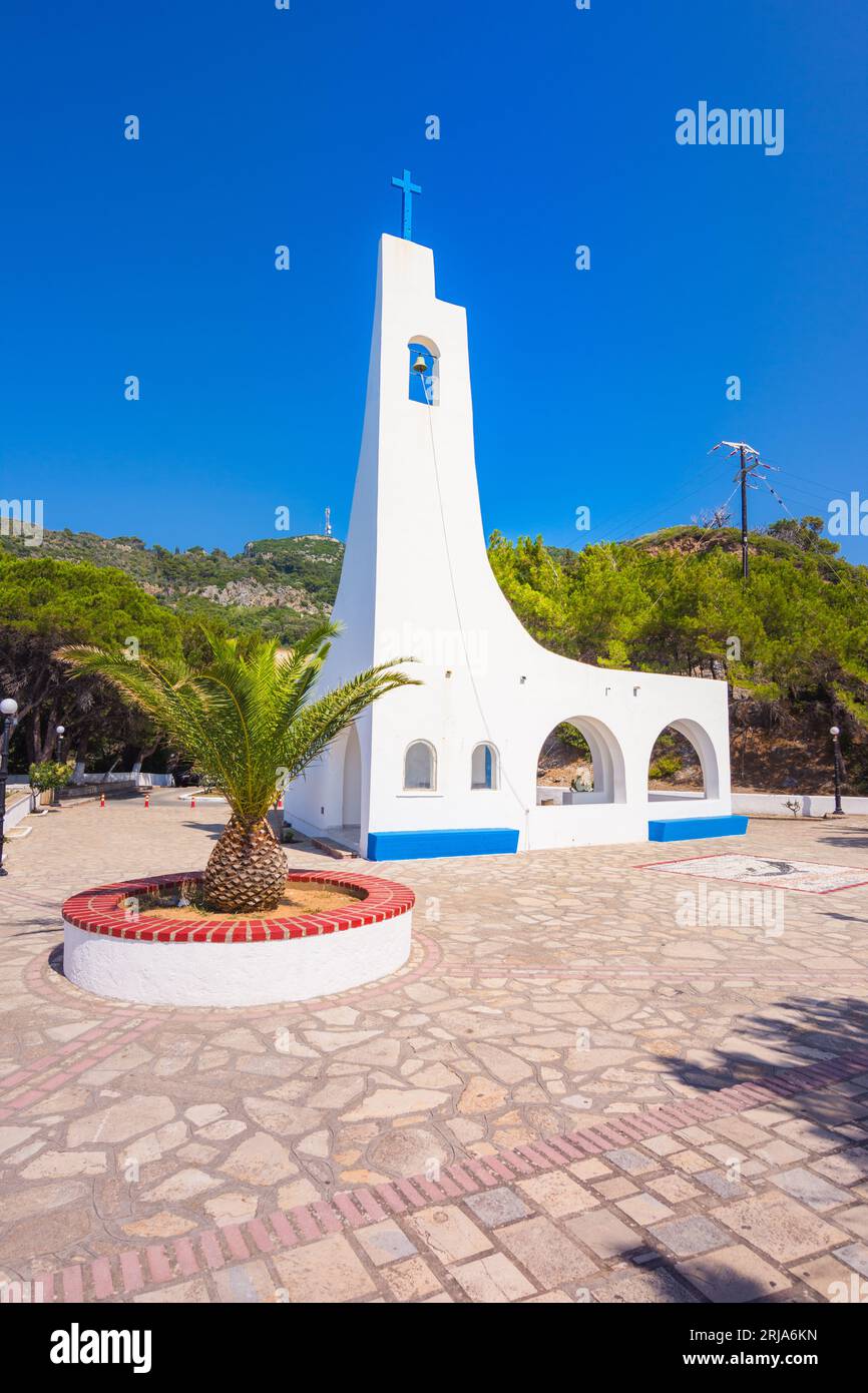 White church in Potami beach with azure sea water, Samos island, Greece ...