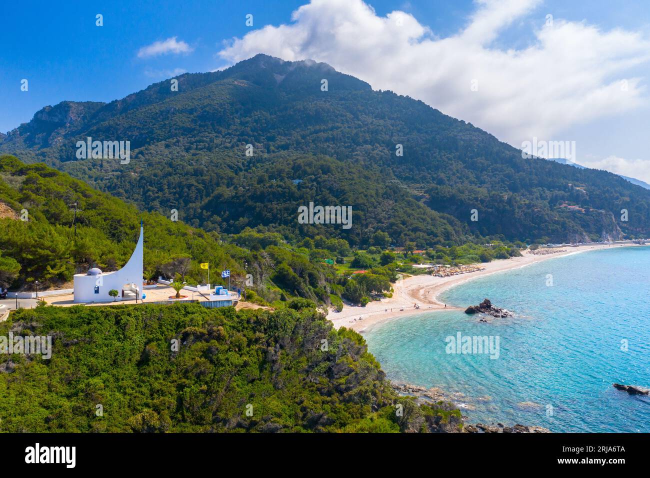 White church in Potami beach with azure sea water, Samos island, Greece ...