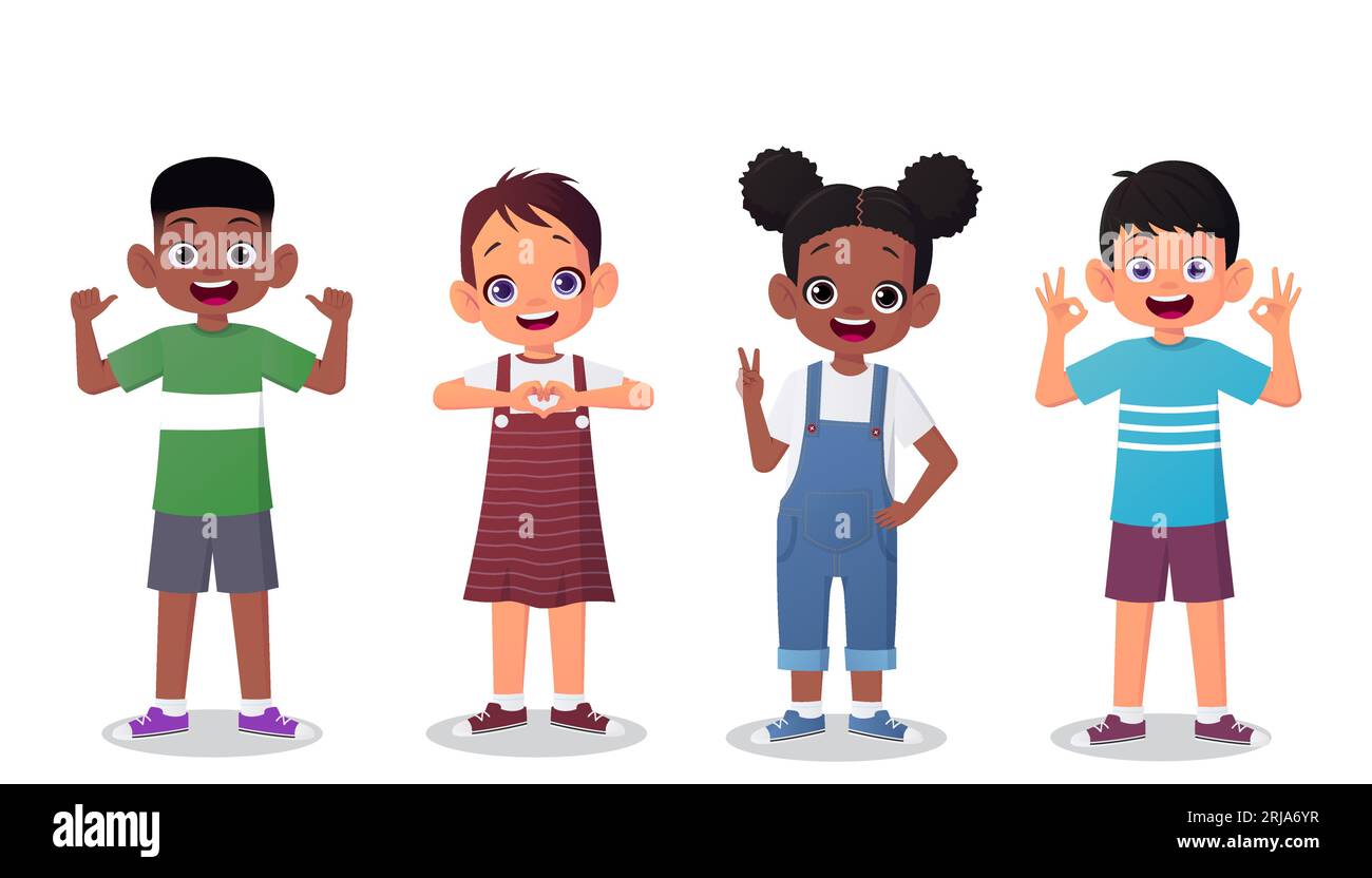 Group of Kids Showing Positive Emotions And Optimistic Gestures. Joyful ...