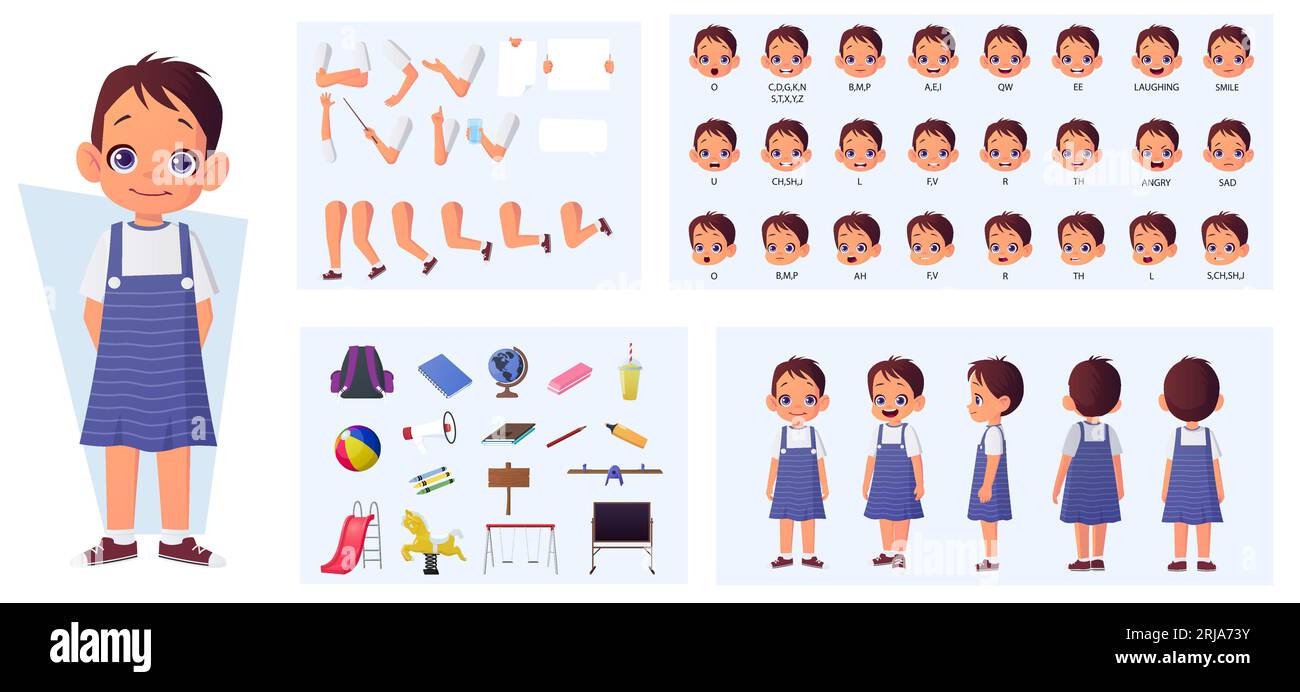 Little Cartoon Girl Character Constructor with Lip-sync, Front, Side ...