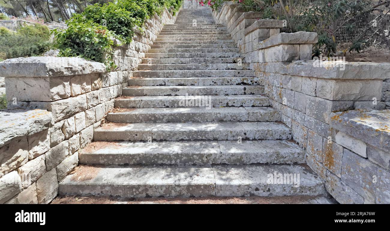 stone steps of an outdoors straicase going up very high in a park of ...