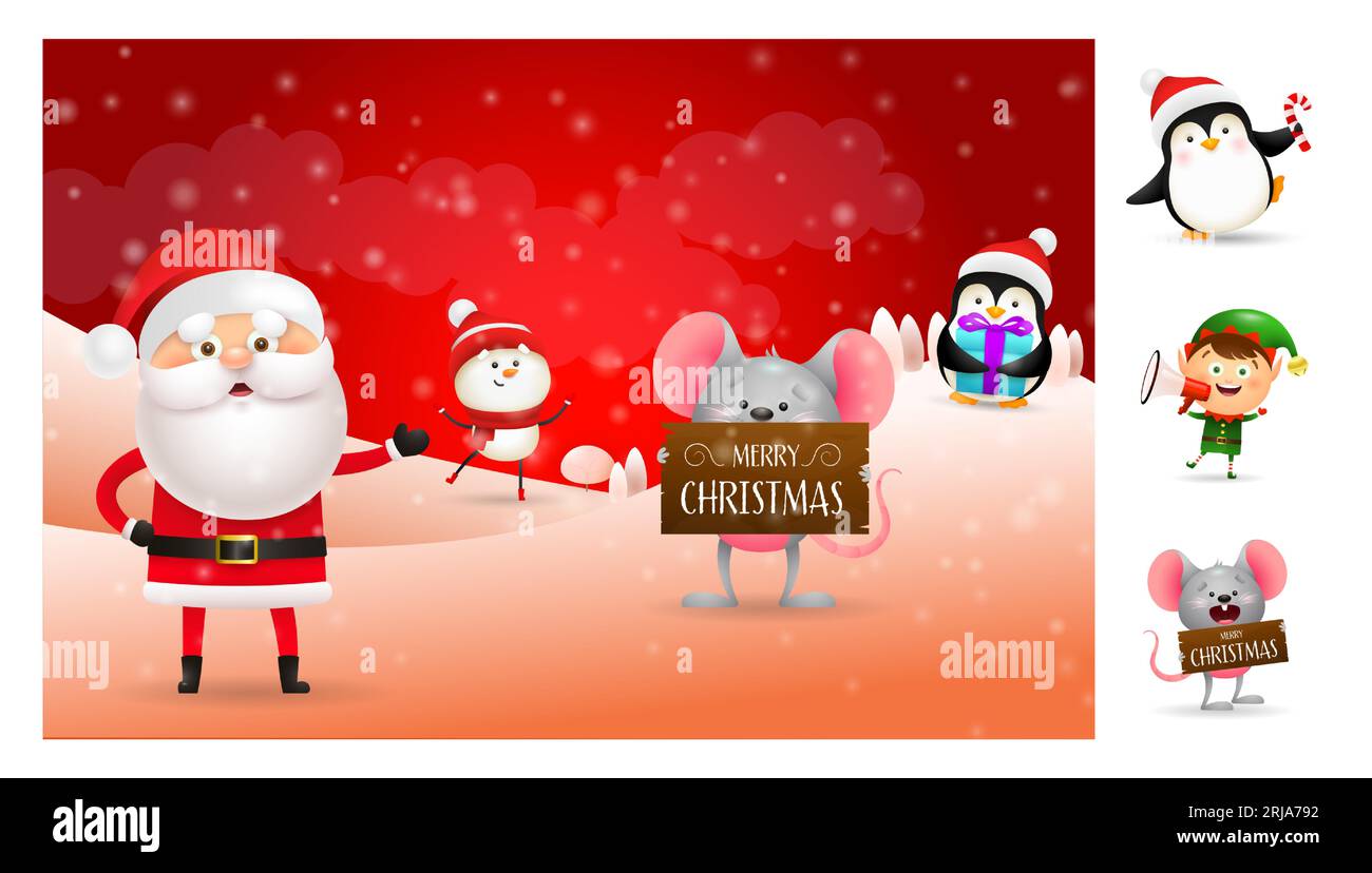 Merry Christmas banner with cartoon Santa and helpers Stock Vector ...