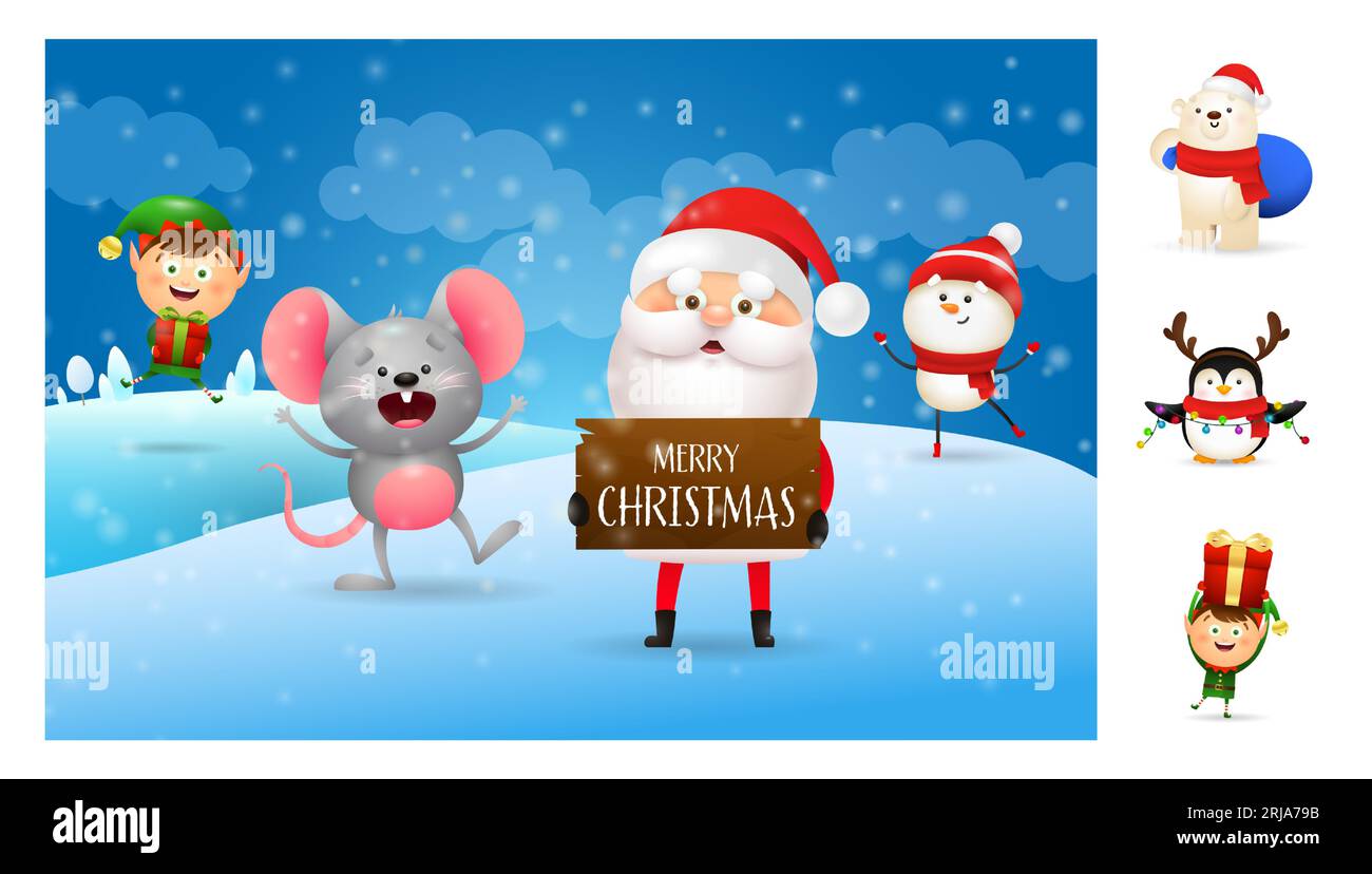 Merry Christmas poster with Santa holding wooden sign with text Stock ...