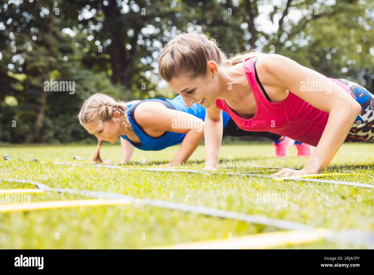 Fit people doing push-ups at the park Stock Photo - Alamy