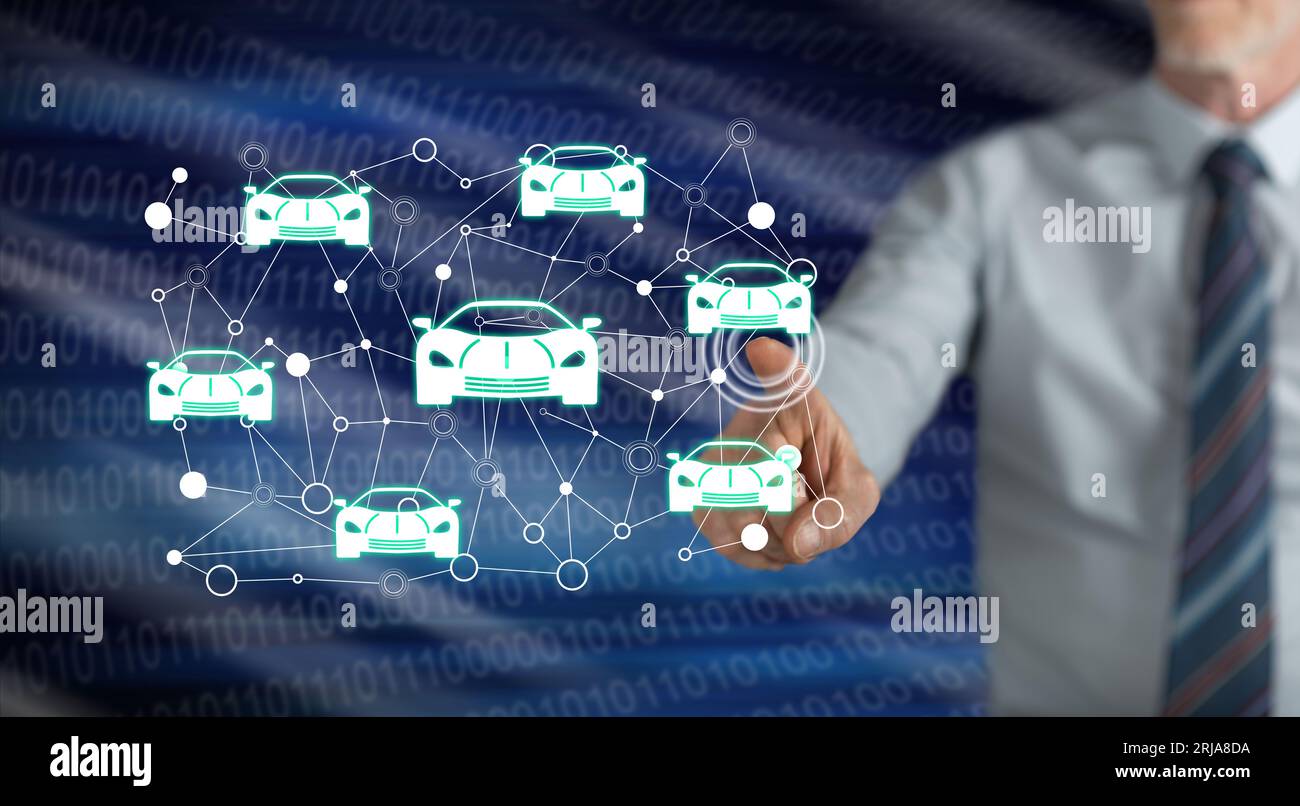 Man touching a smart car concept on a touch screen with his finger ...