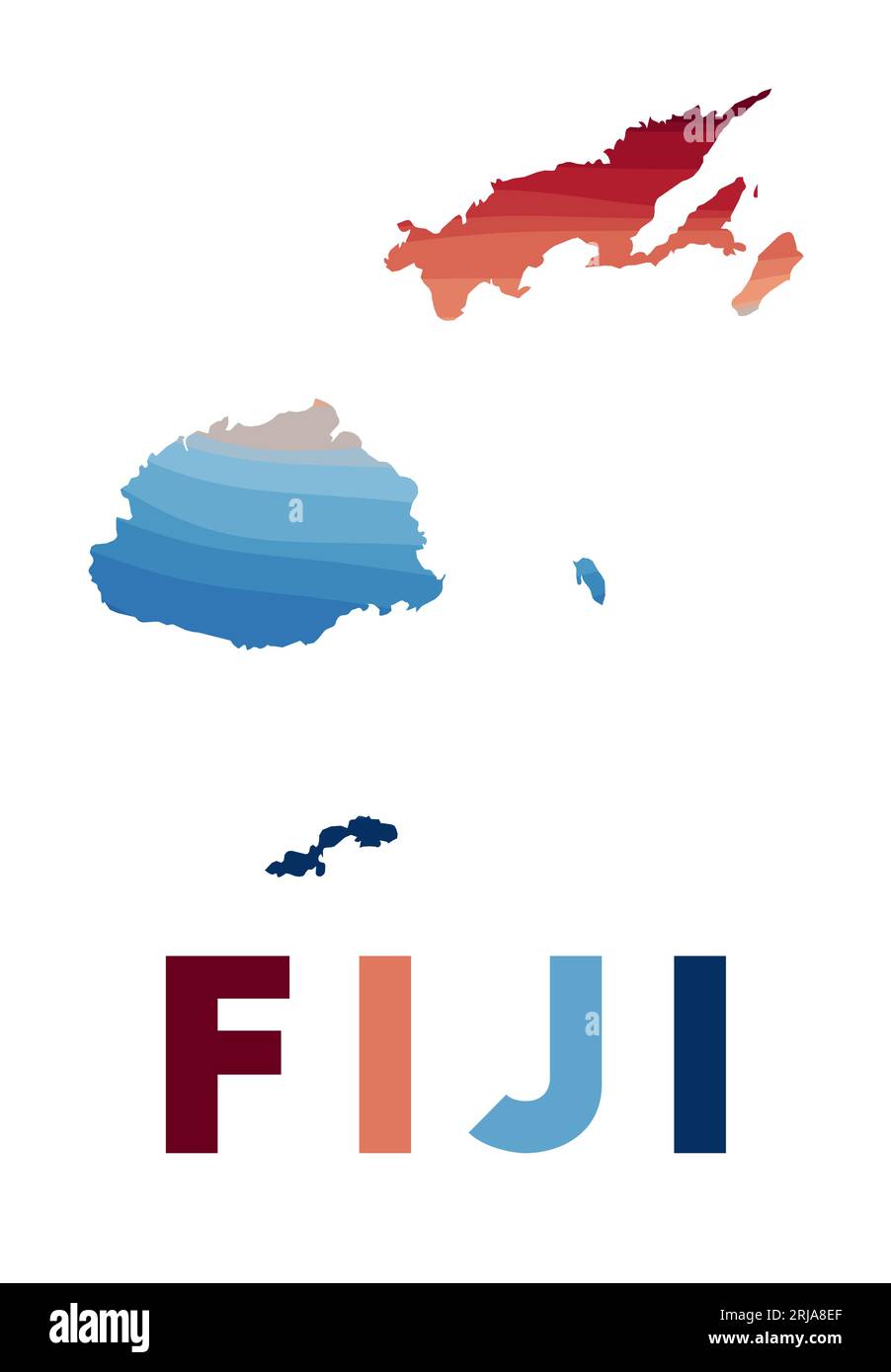 Fiji map. Map of the country with beautiful geometric waves in red blue ...