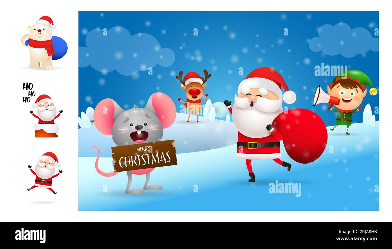 Merry Christmas postcard with cute cartoon Santa and helpers Stock ...