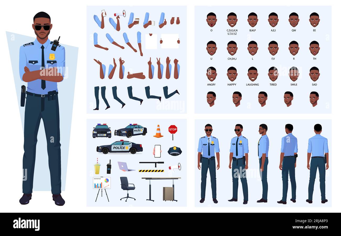 Black Policeman Character Constructor with Lip Sync, Emotions, Character Turnaround, Patrol Car ...