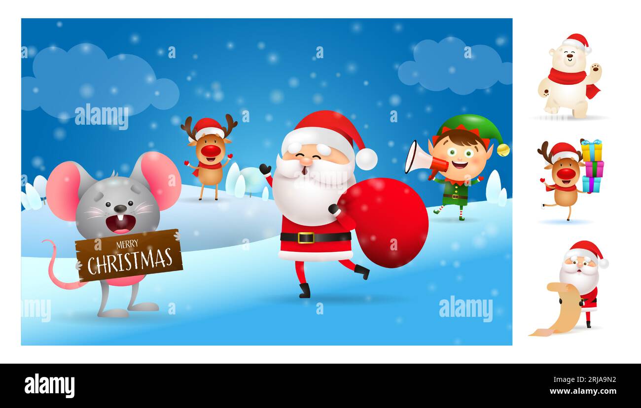 Merry Christmas card with smiling cartoon Santa and helpers Stock ...