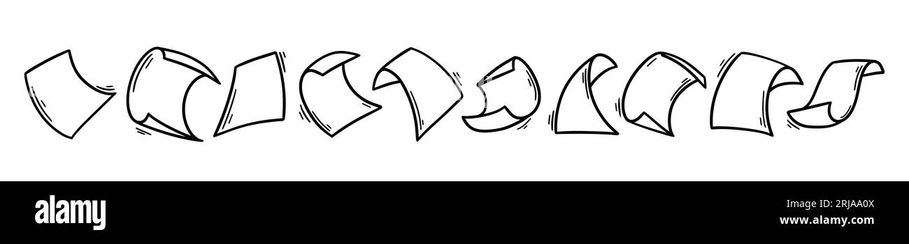Set of curled flying page. Empty paper blank. Document in doodle style ...