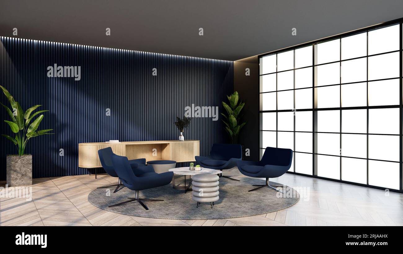 Ocean Blue color hotel lounge with windows and chairs matching the ...