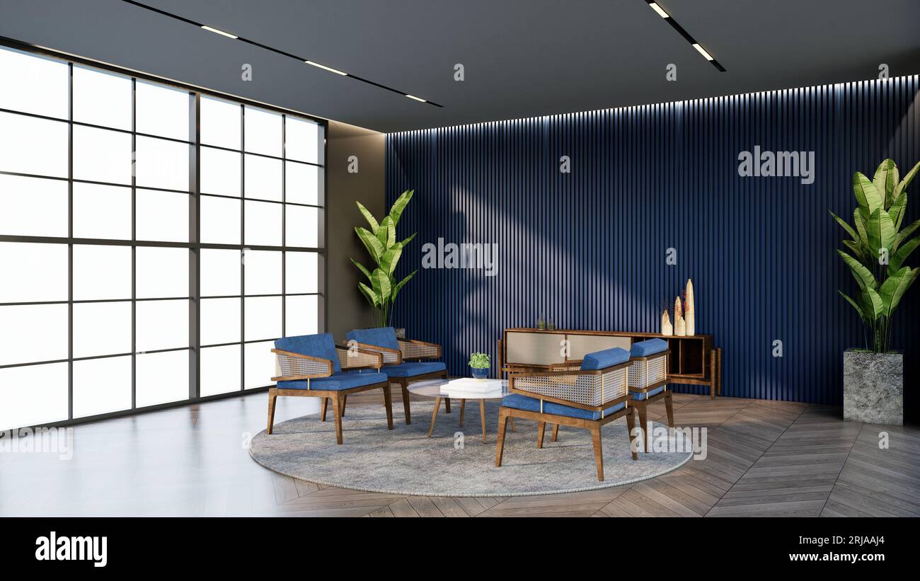 Ocean Blue color hotel lounge with windows and chairs matching the ...