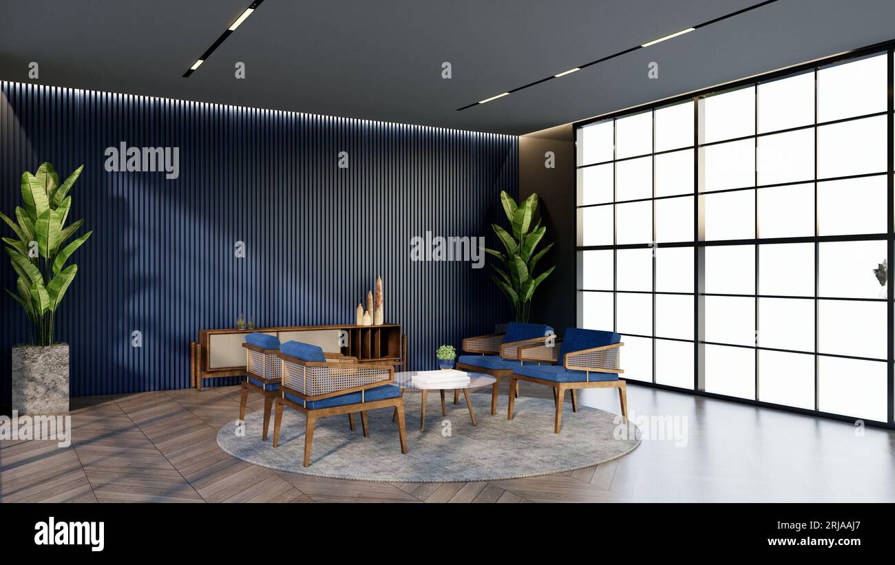 Ocean Blue color hotel lounge with windows and chairs matching the ...
