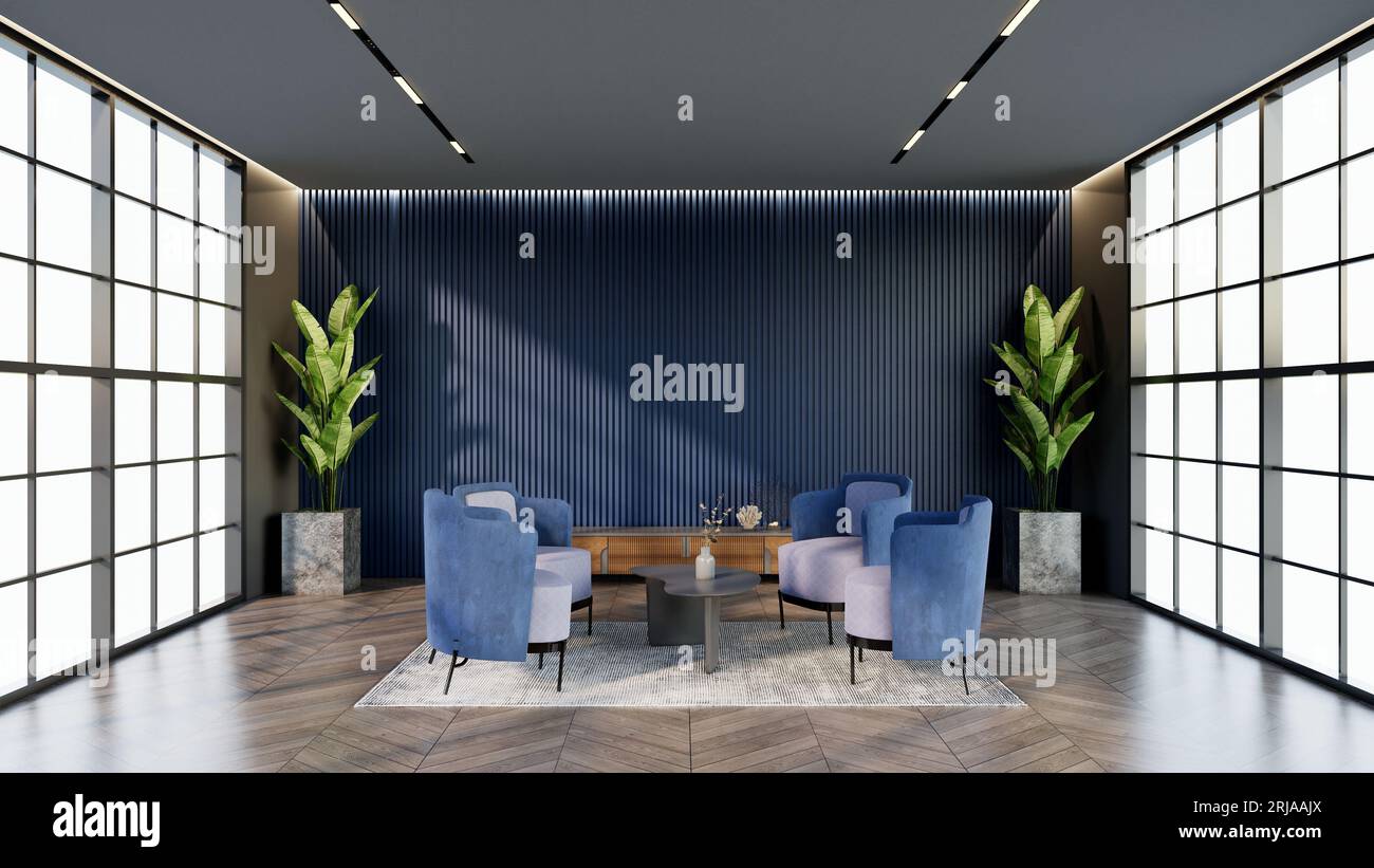 Ocean Blue color hotel lounge with windows and chairs matching the ...