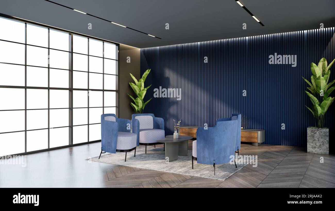 Ocean Blue color hotel lounge with windows and chairs matching the ...