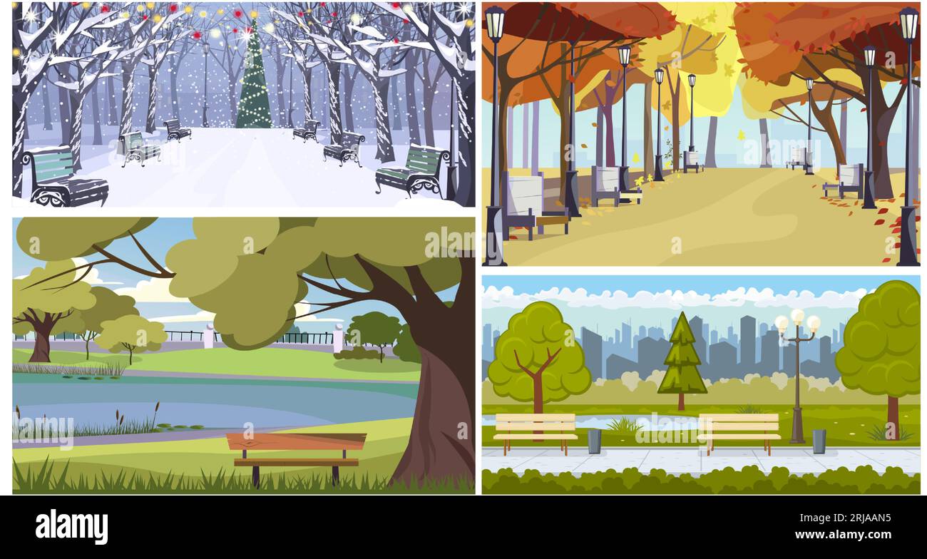 City park in all seasons flat vector illustration set Stock Vector ...