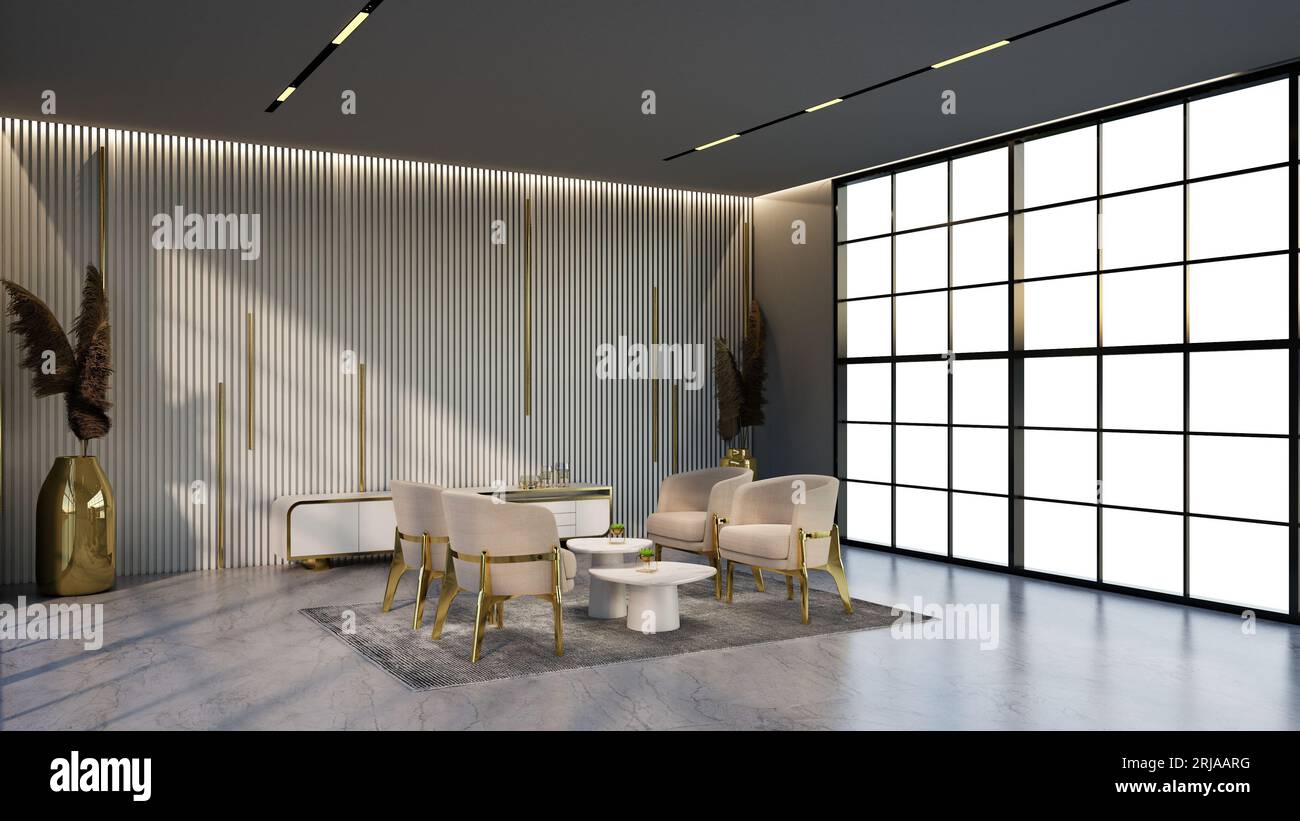 white and gold color hotel lounge with windows and chairs matching the ...