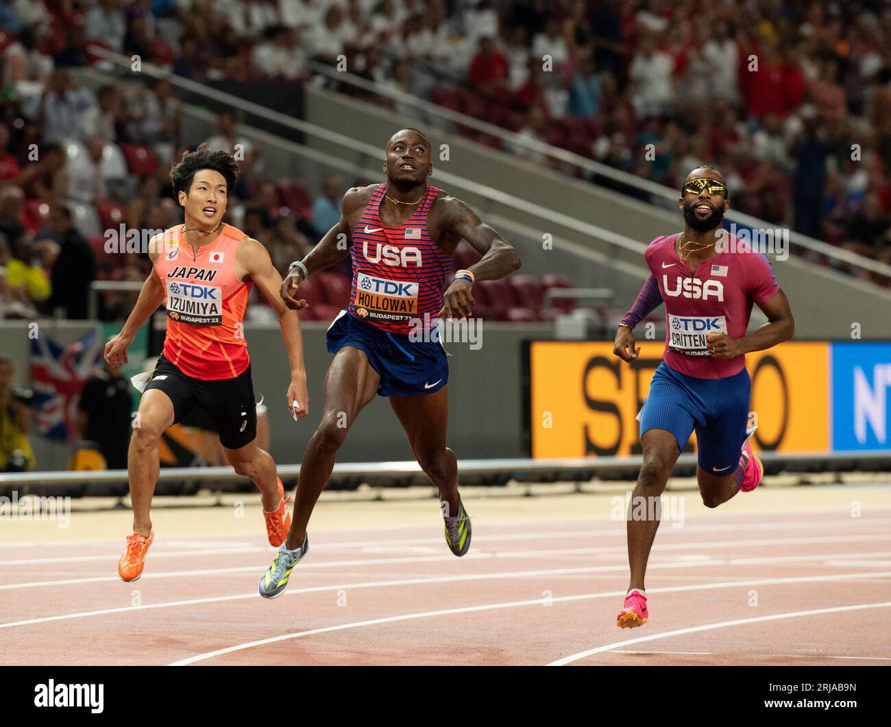 Grant Holloway of the USA crossing the finishing to win the men’s 110m ...