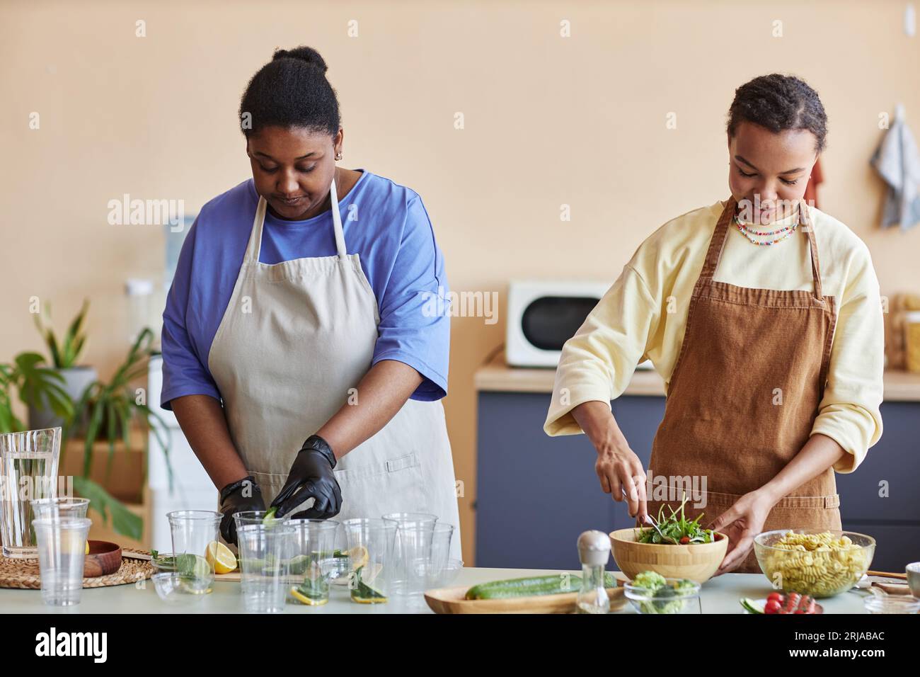 Waist up portrait of two African American women cooking together in ...