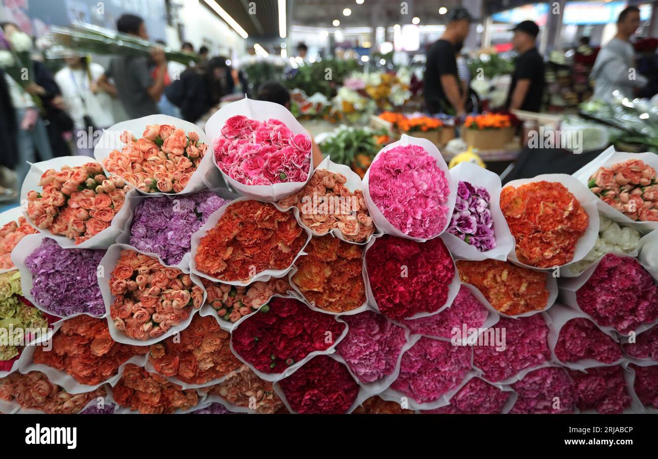 Fresh roses of various colors draw customers in Dounan flower market in ...