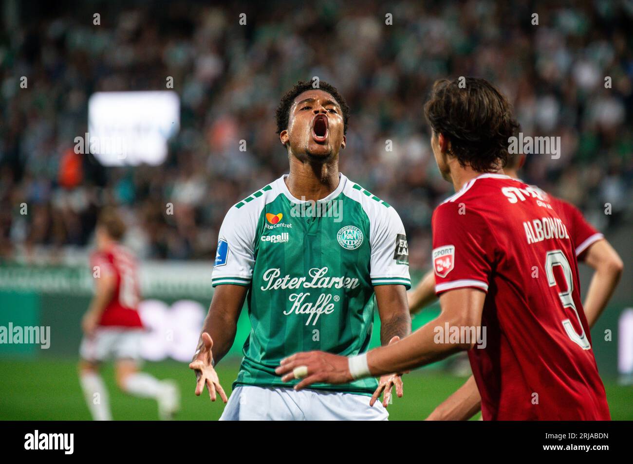 Viborg, Denmark. 21st, August 2023. Nigel Thomas (9) of Viborg FF seen ...