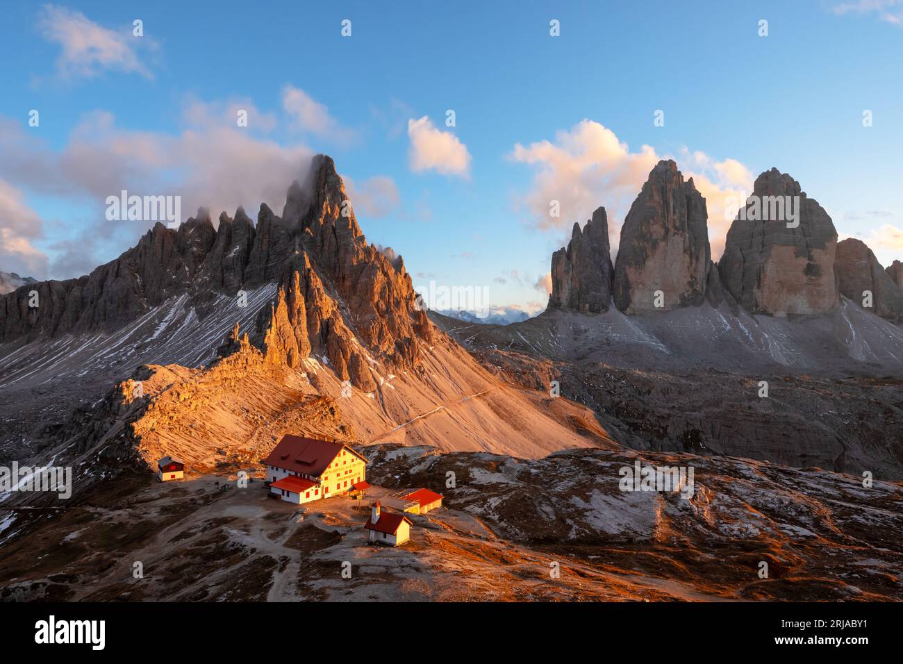 Tre Cime di Lavaredo and rifugio Locatelli in Dolomite Alps during ...