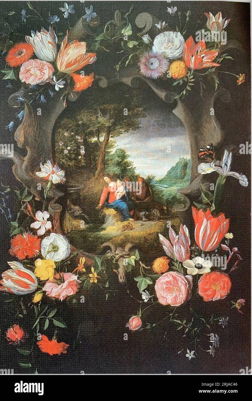Flower garland around the Holy family in a landscape circa 1650 by Jan ...