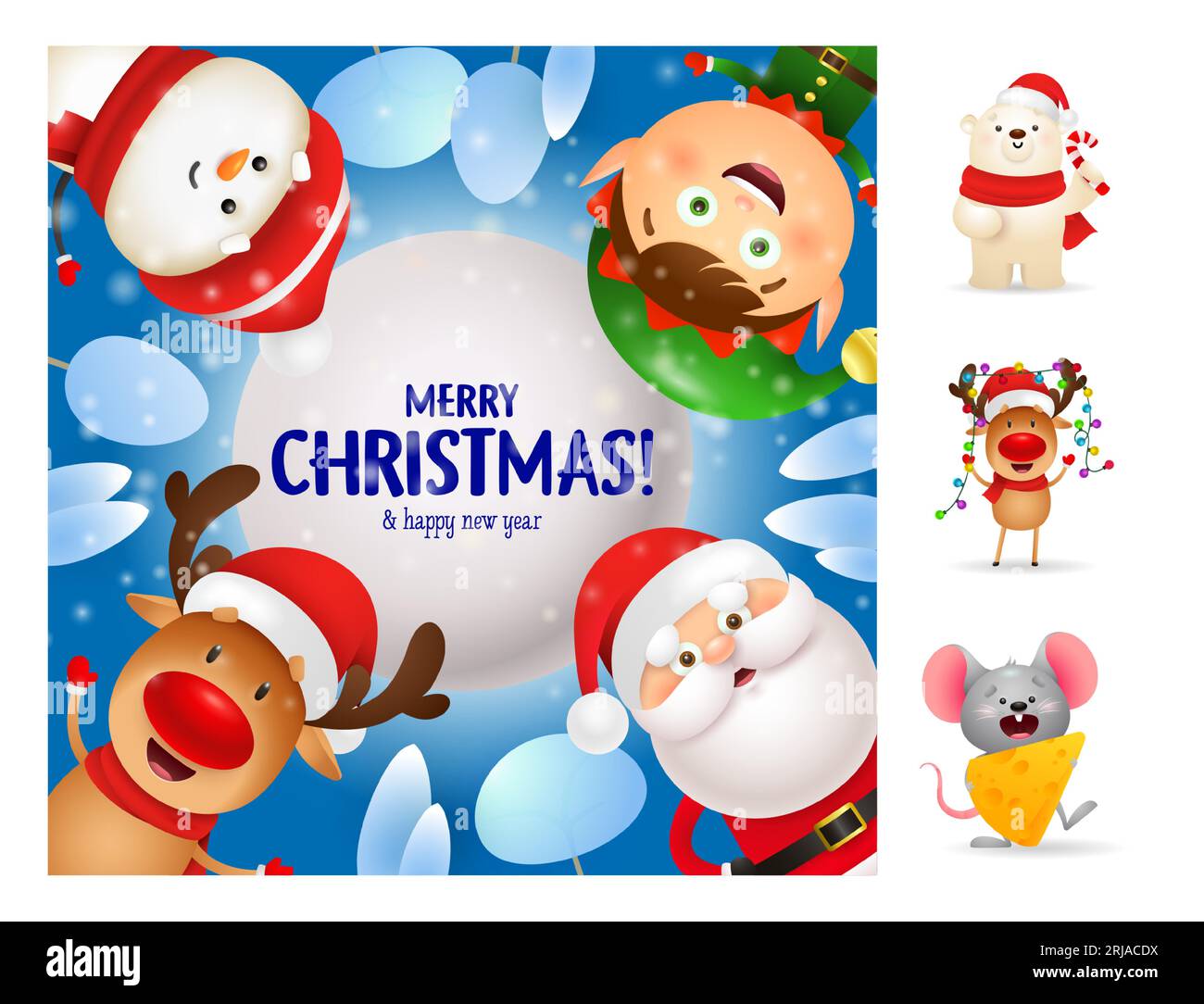 Merry Christmas bright postcard with cute cartoon characters Stock ...
