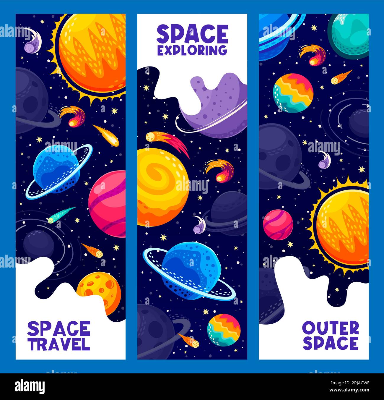 Galaxy space exploring banners. Solar system, galaxy planets and stars ...