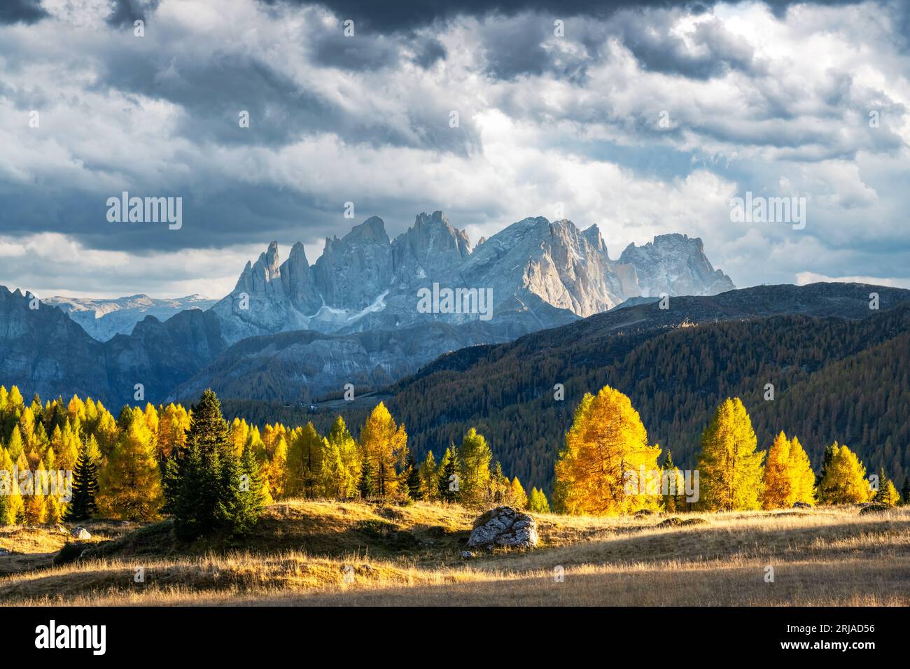 Incredible autumn view at Valfreda valley in Italian Dolomite Alps ...
