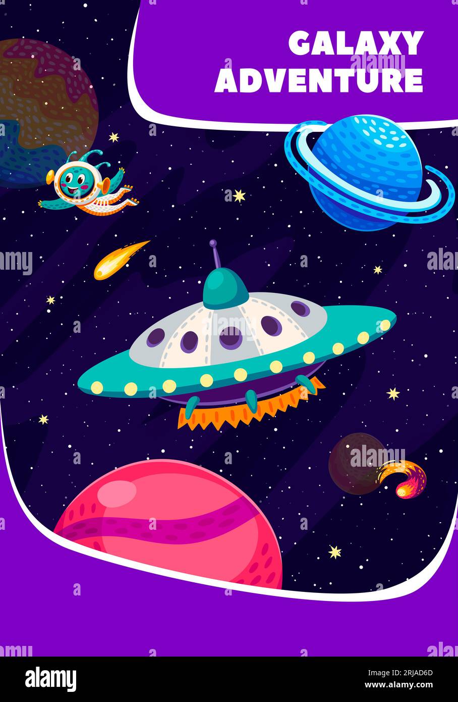 Space adventure banner. Cartoon flying ufo saucer and funny alien at ...