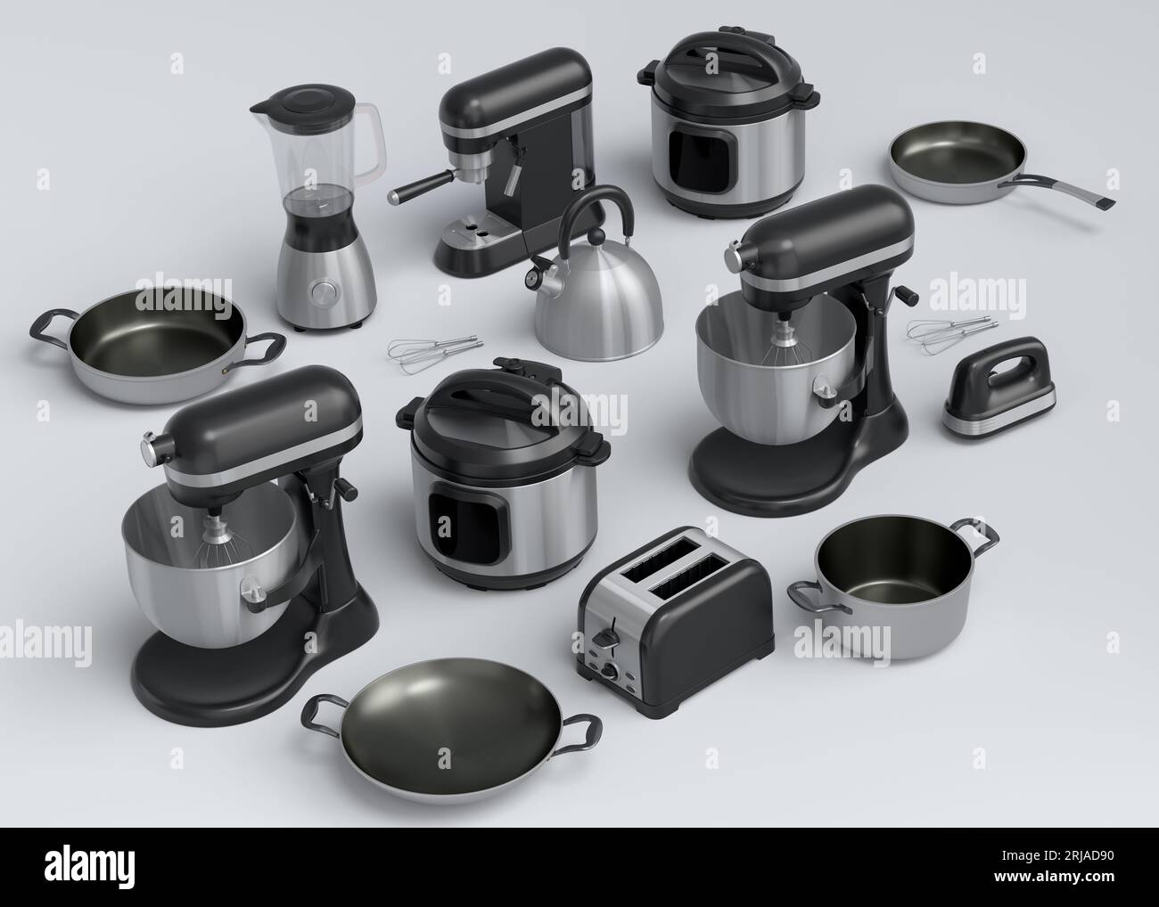 Electric kitchen appliances and utensils for making breakfast on white ...