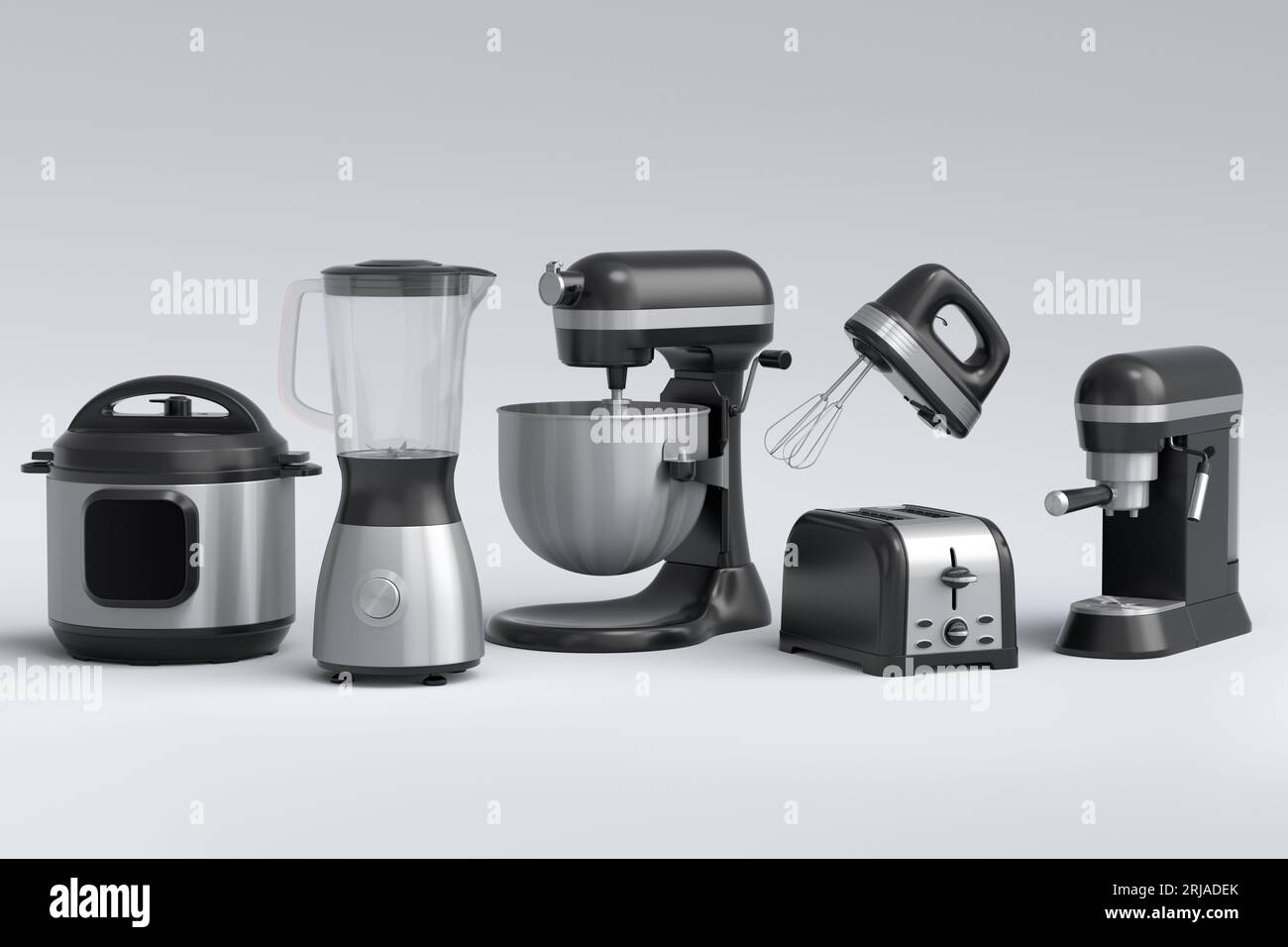 Electric kitchen appliances and utensils for making breakfast on white ...